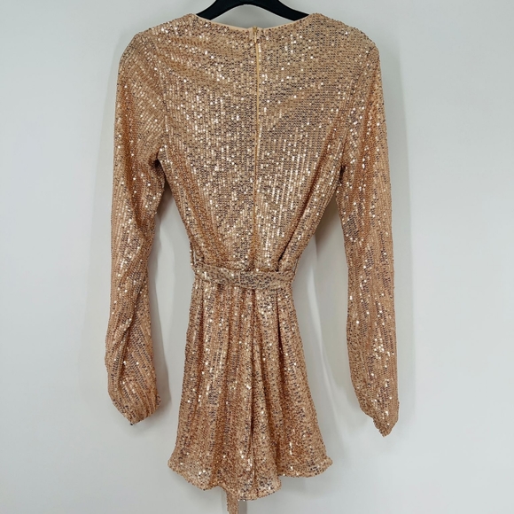 Pants & Jumpsuits | Gold Sequins Long Sleeve Vneck Belted Romper ...